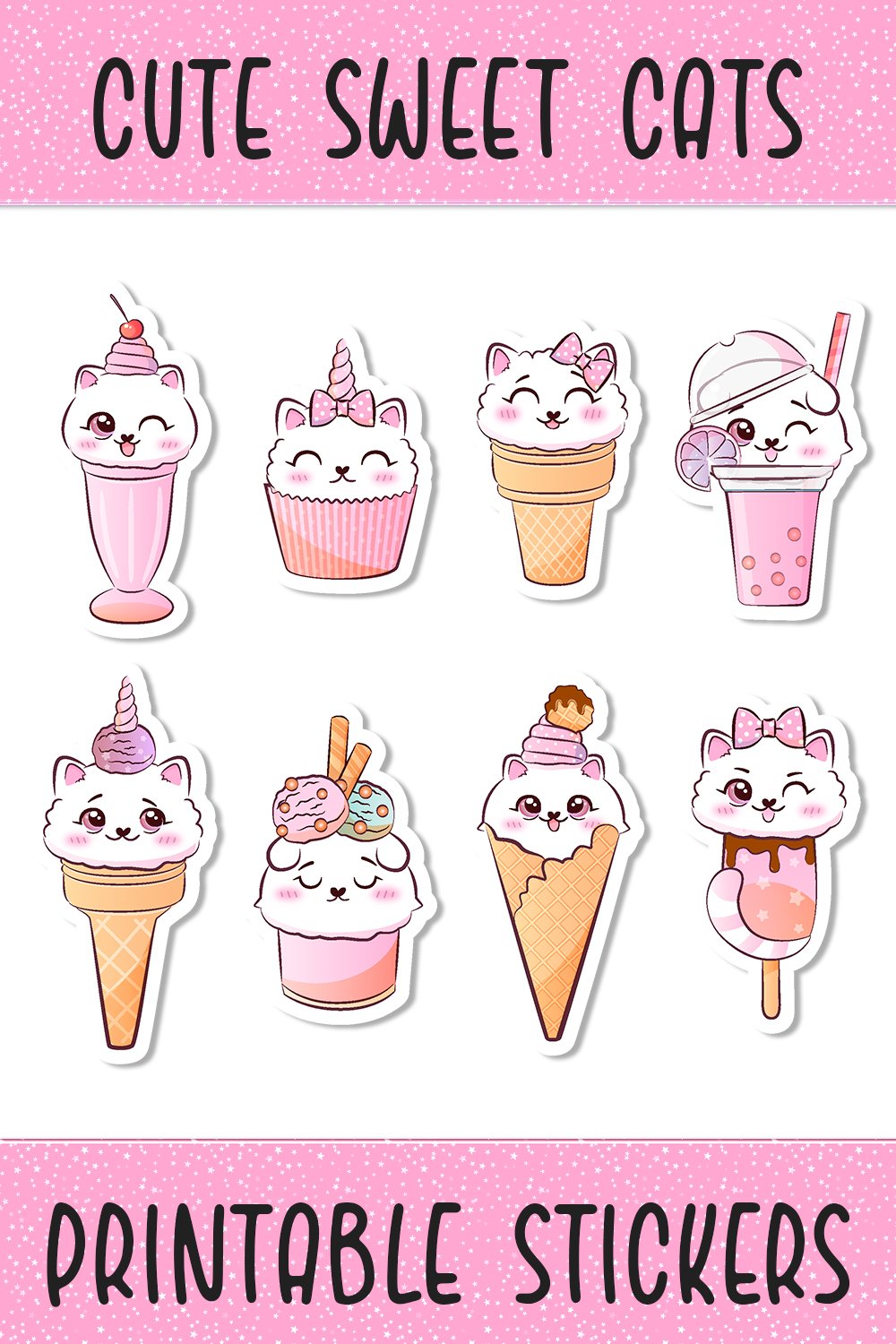 Cute Sweet cats printable stickers. PNG, JPG.
