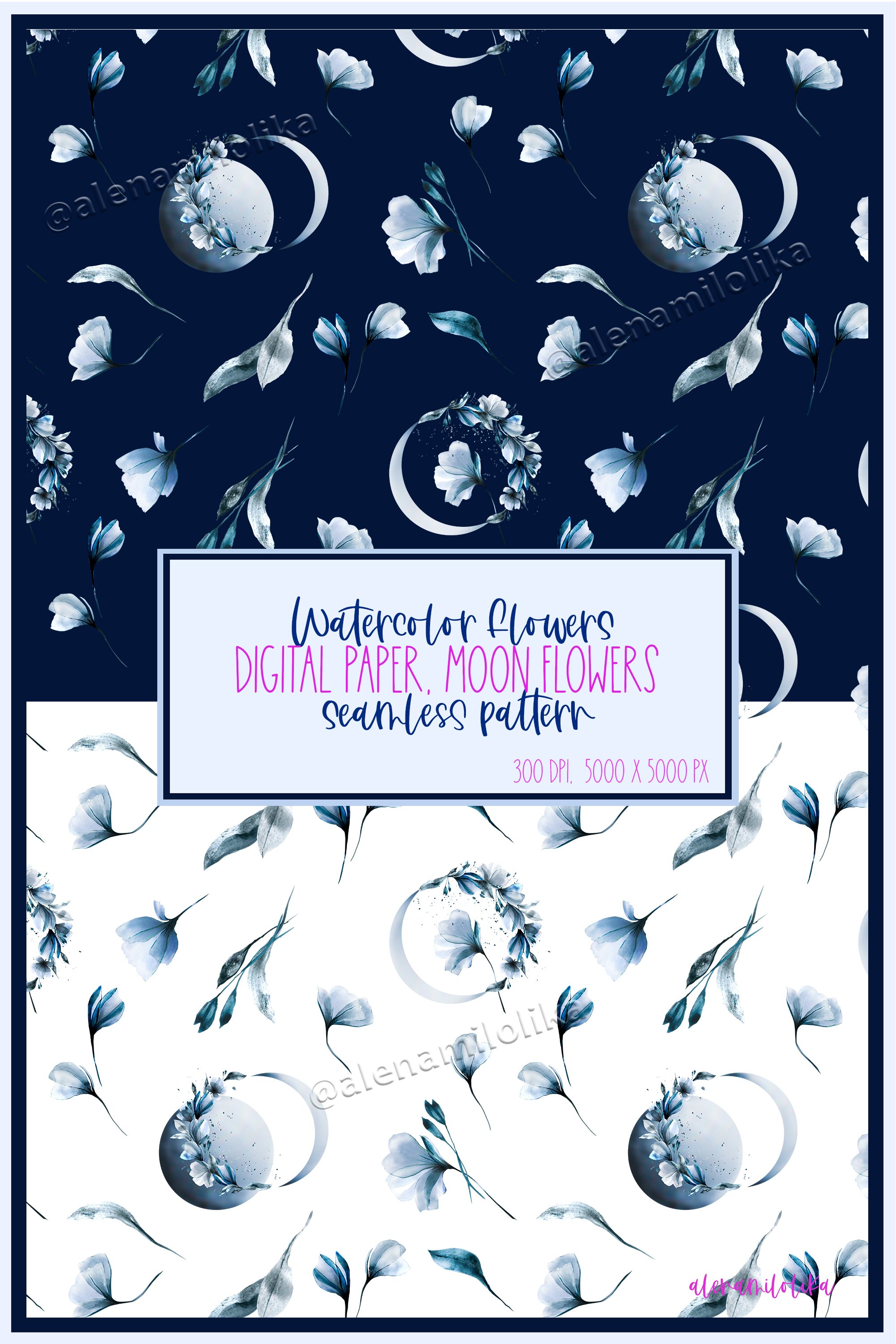 Watercolor moon seamless pattern. Flower Digital paper