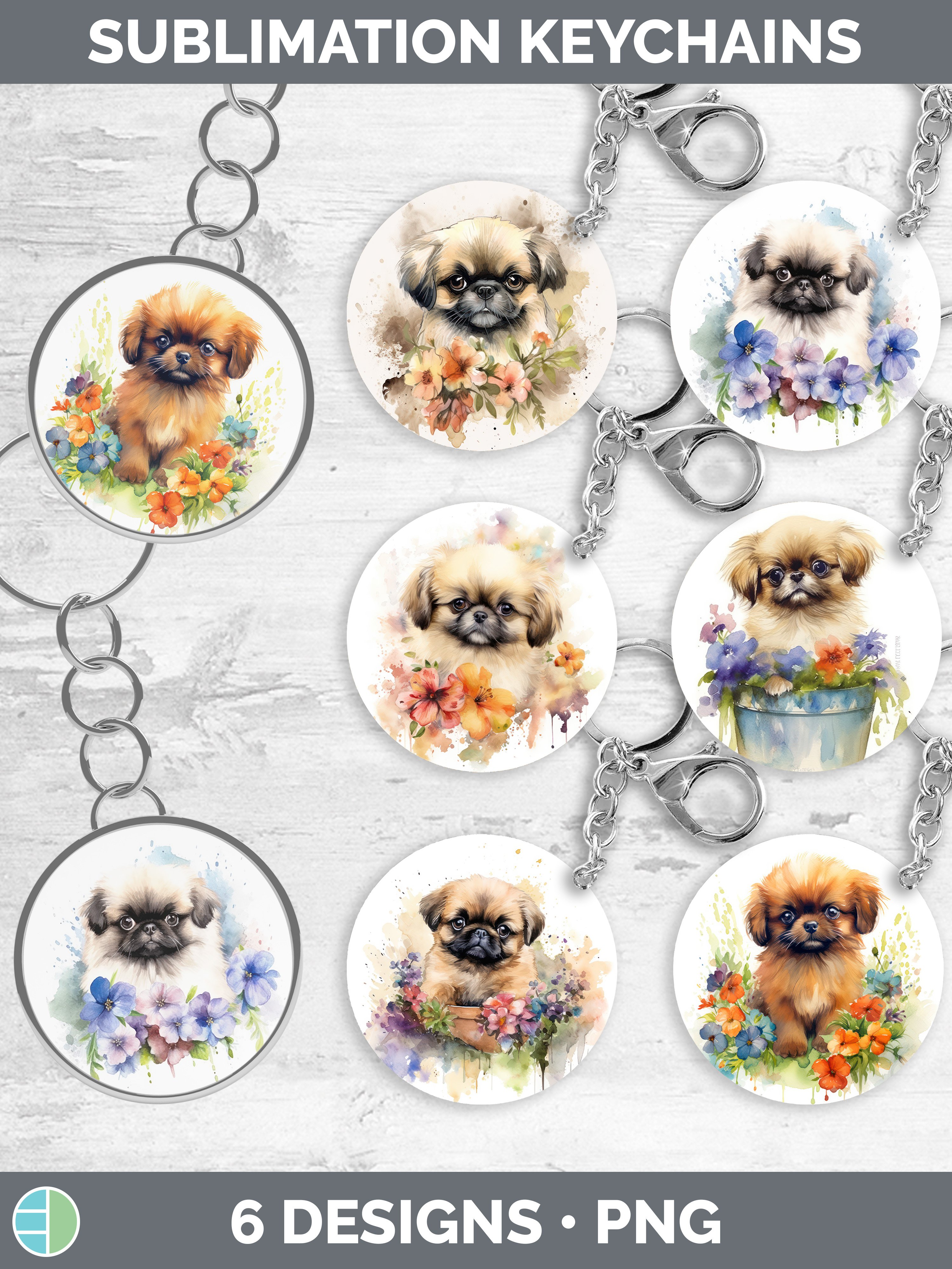 Watercolor Pekingese Dog Keychain | Sublimation Keyring Desi