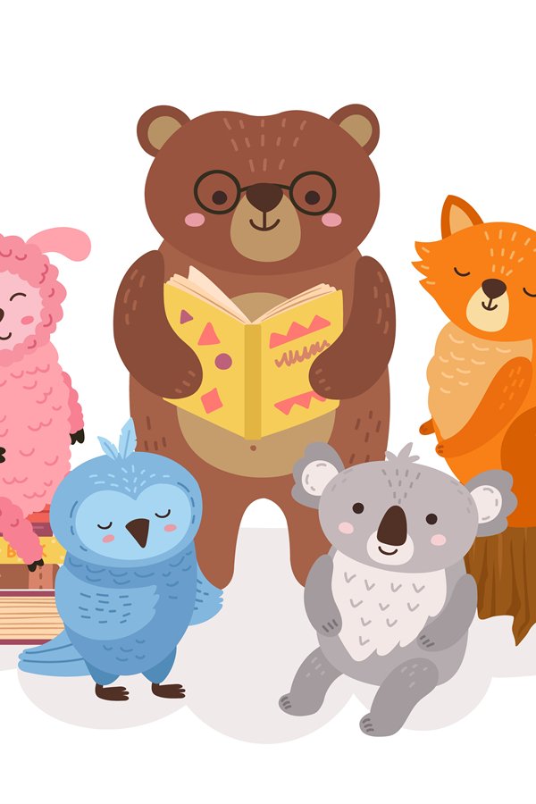 Cute animals reading. Wild animal read books, funny bear hol