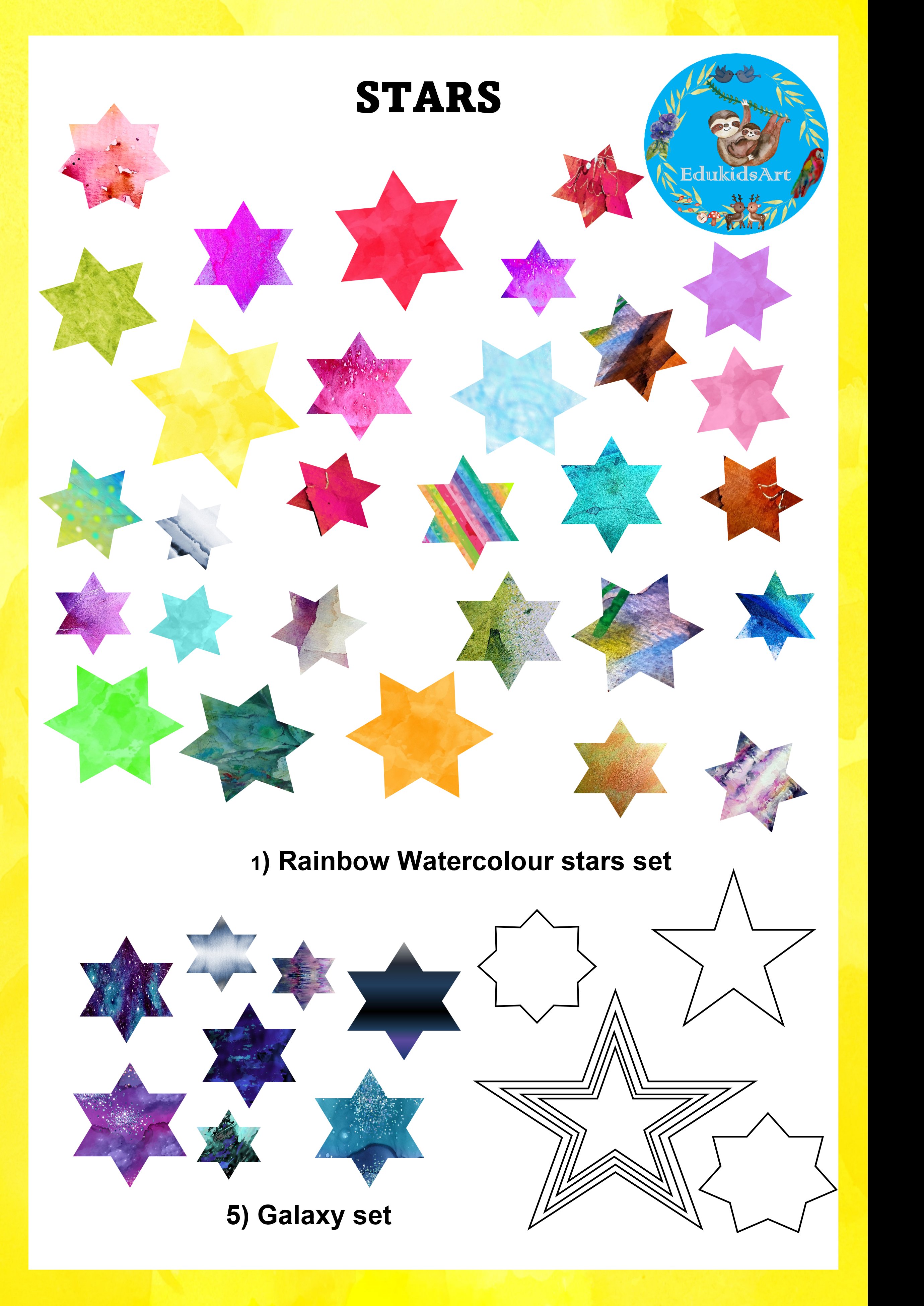 watercolour and glitter stars clipart set with line art