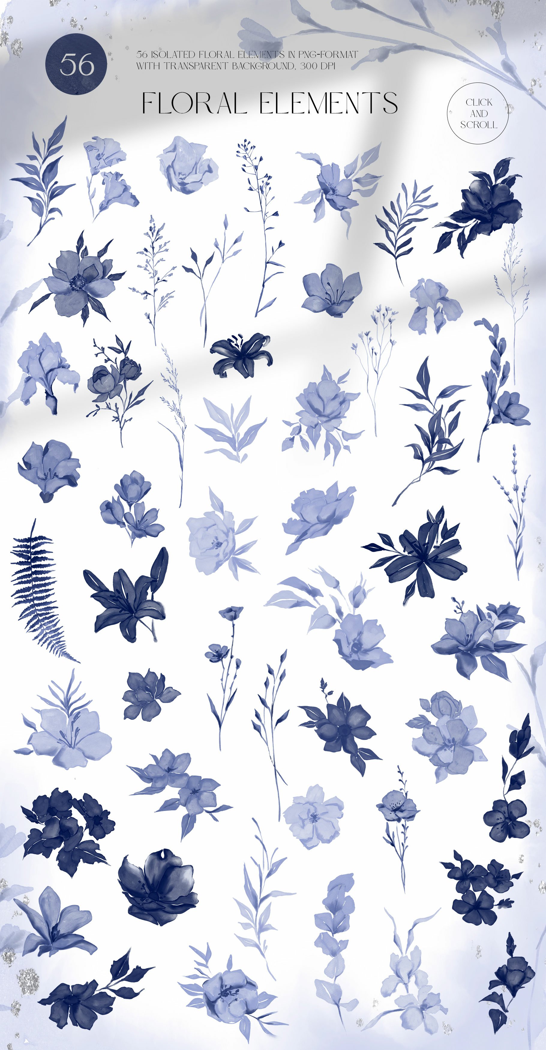 NAVY BLUE WATERCOLOR FLOWERS clip art