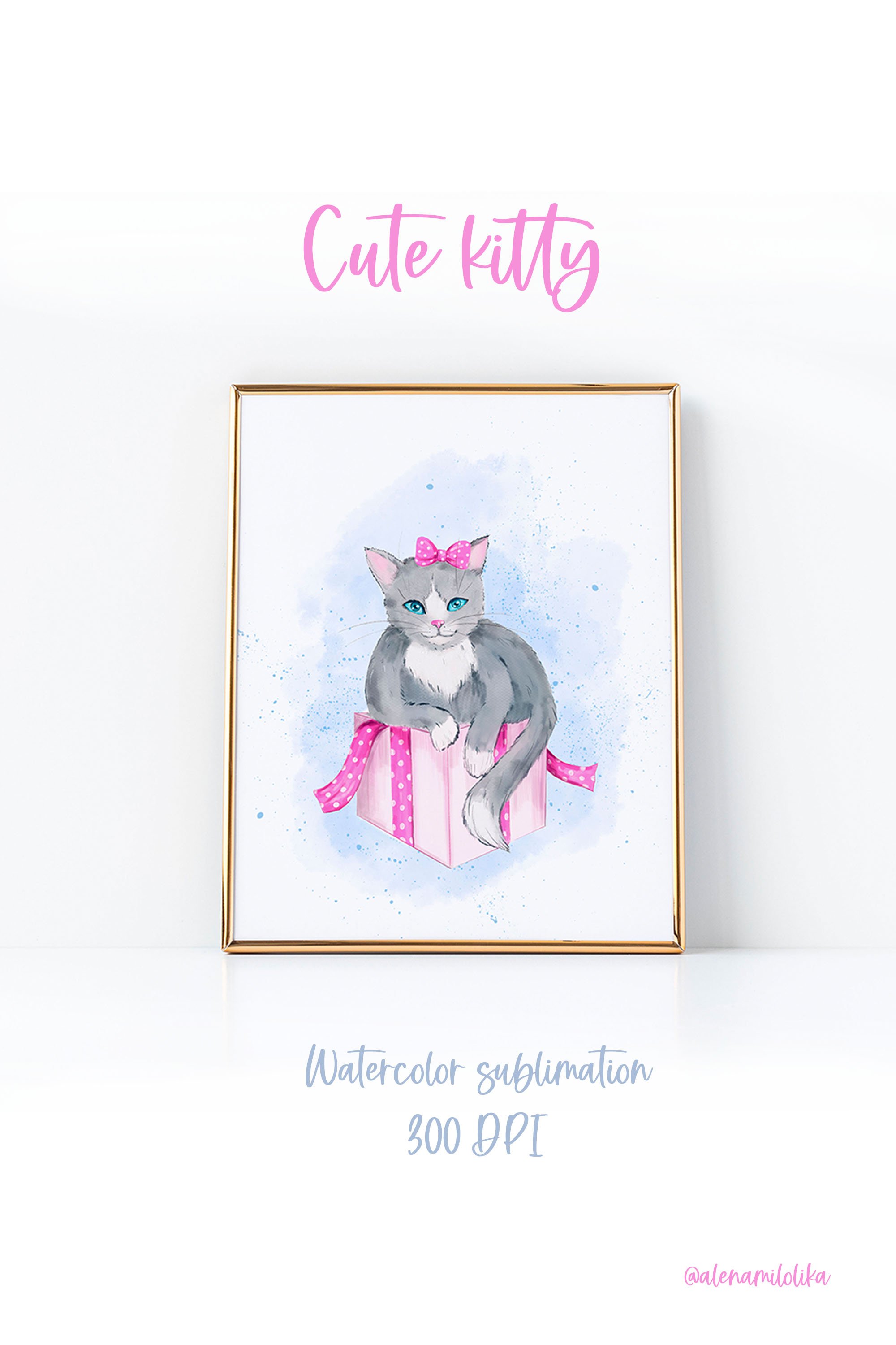 Cute kitty with a gift. Watercolor sublimation. Cat PNG