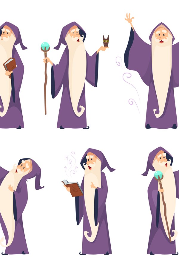 Cartoon wizard character in various poses