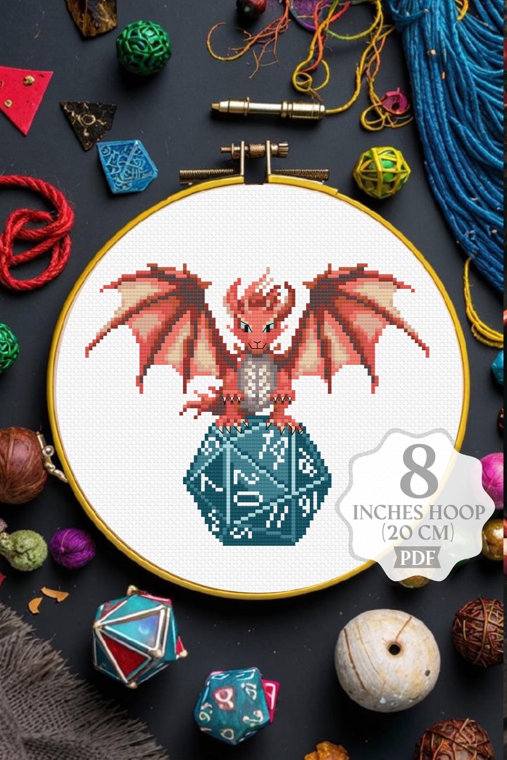Dragon's Game Dice Cross stitch PDF Fantasy Nerdy ttrpg Gift