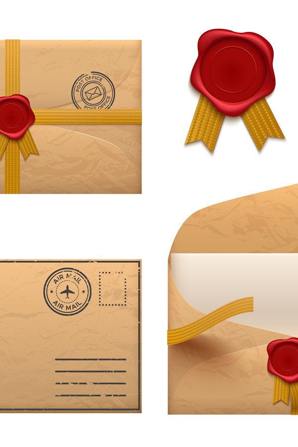 Vintage envelope. Retro envelopes letter with wax seal stamp