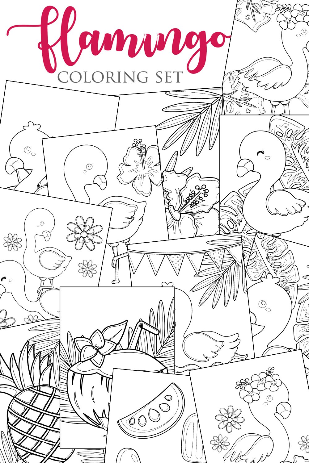 Cute Flamingo Bird Animal Summer Nature Coloring Kids Set