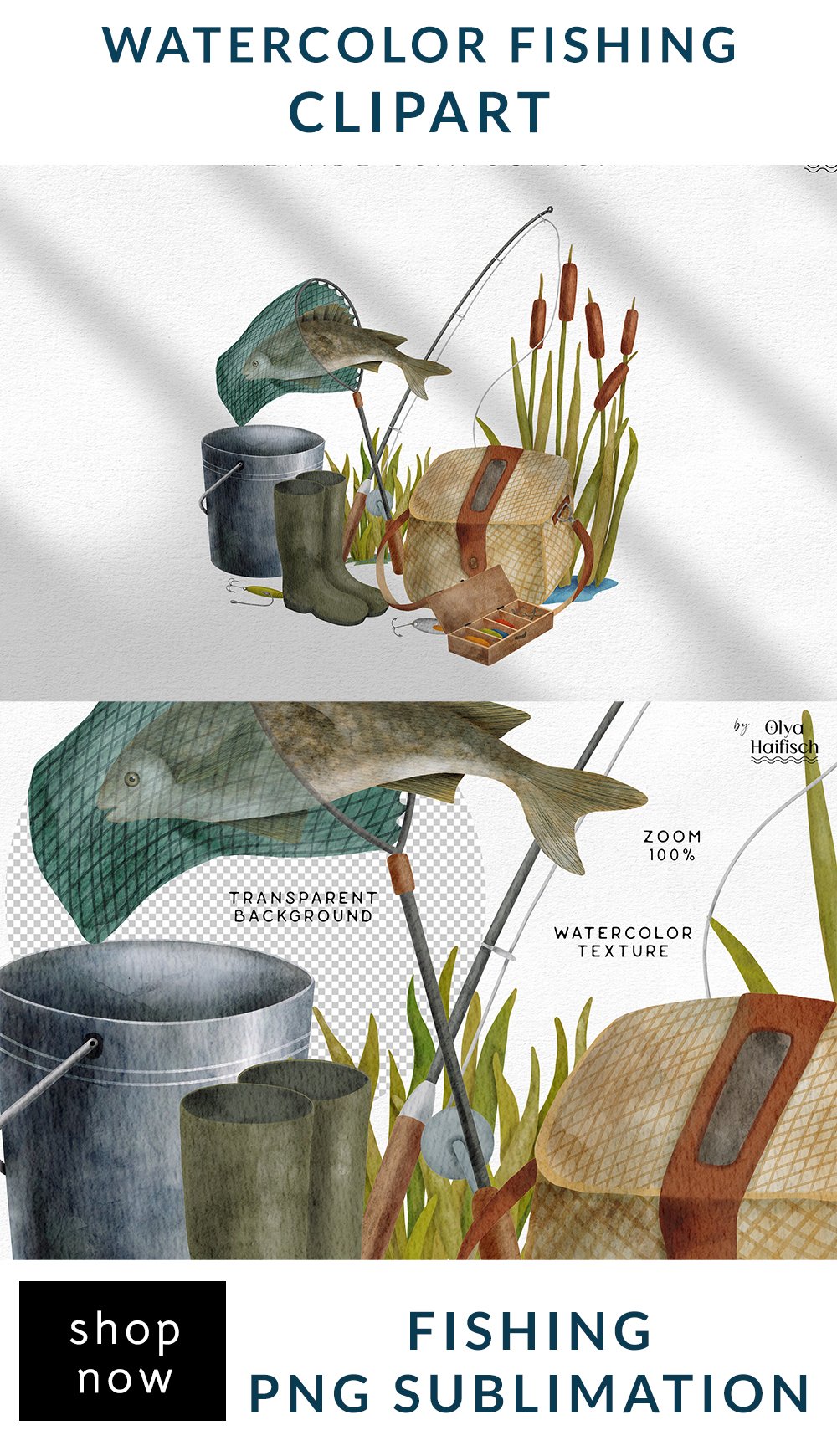 Fishing Watercolor Clipart. Fisher on Lake PNG