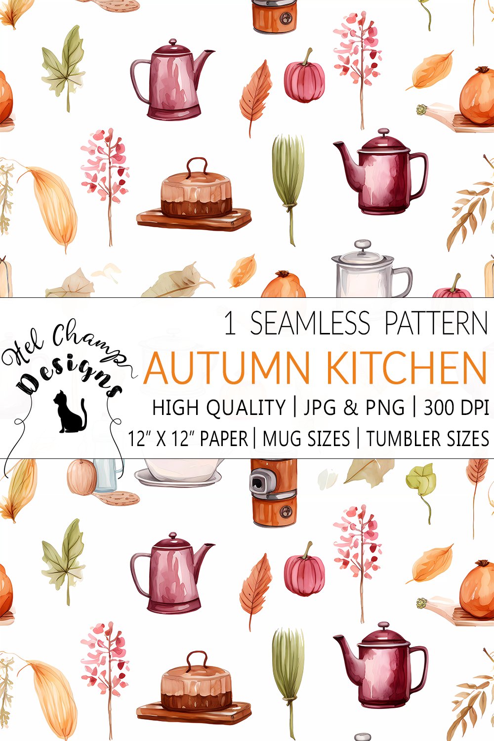 Scrapbooking paper with autumn vintage kitchen tools designs