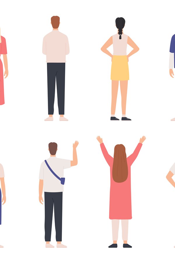 People from behind. Adult man and woman back view standing p