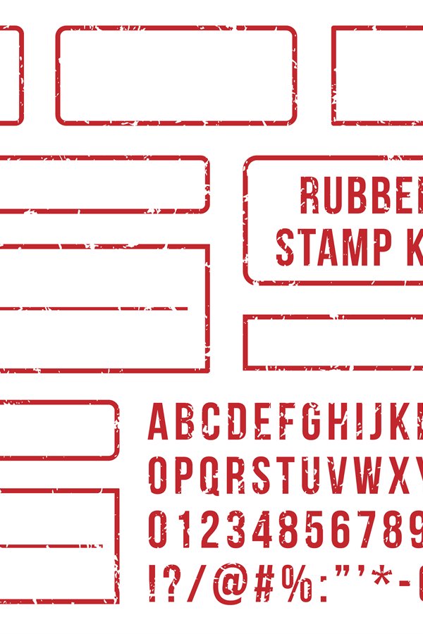 Rubber stamp letters. Red stamps frame and letterpress symbo