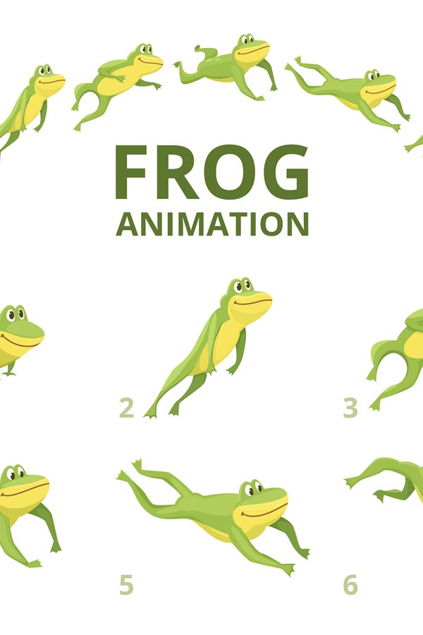 Frog jumping animation. Various keyframes for green animal