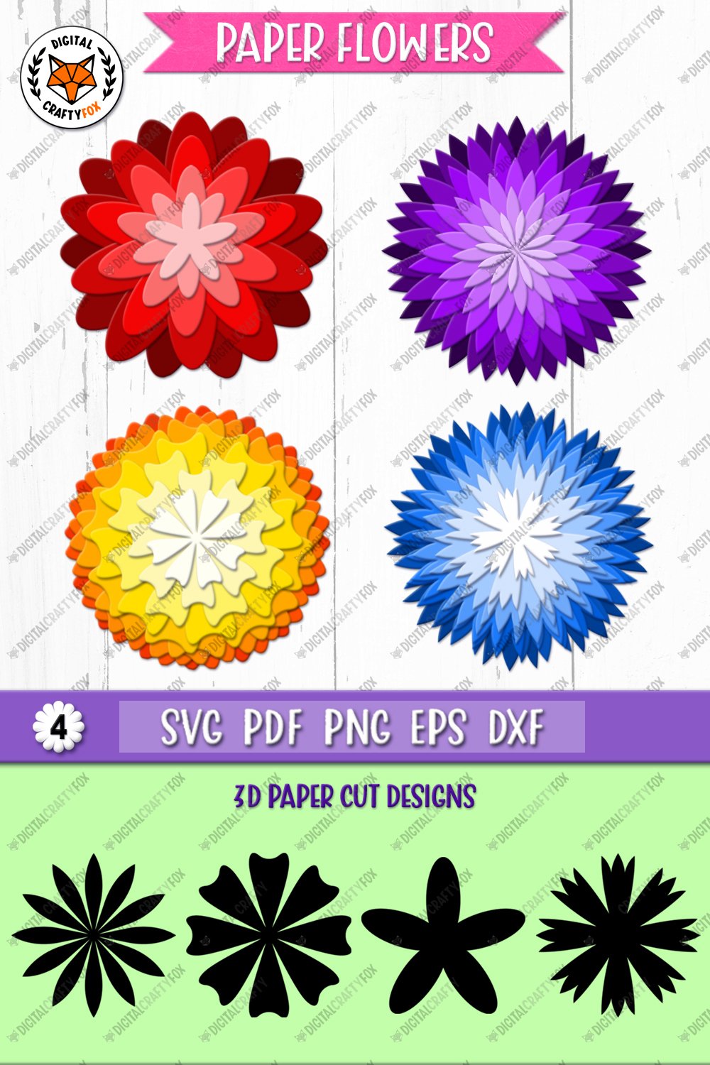 Paper Flowers SVG, Flowers Template, Flower Silhouette SVG