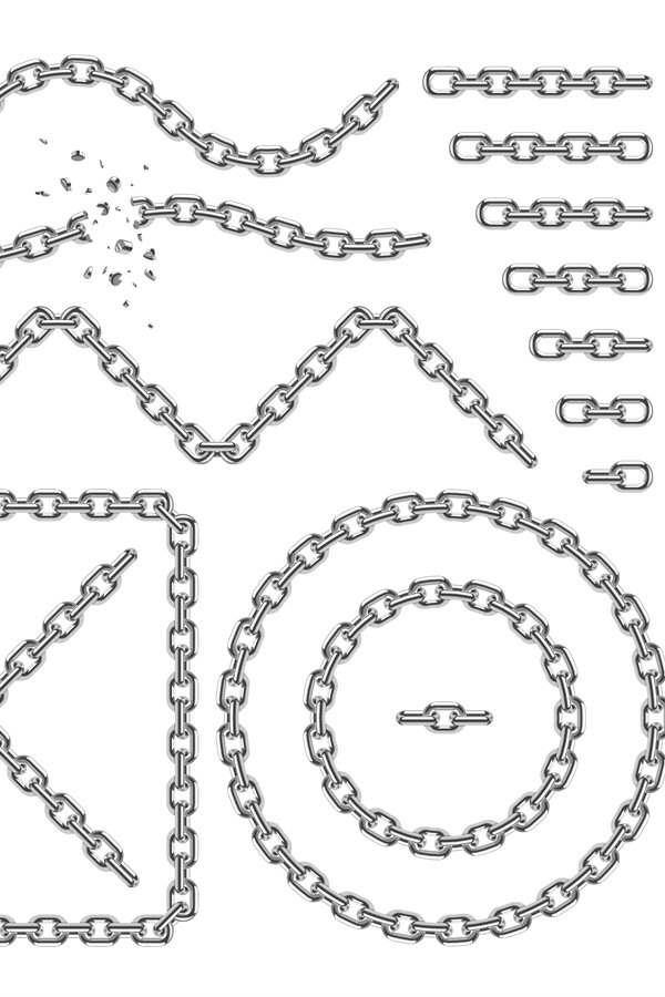 Metal vector chains isolated. Chrome chain icons and brushes