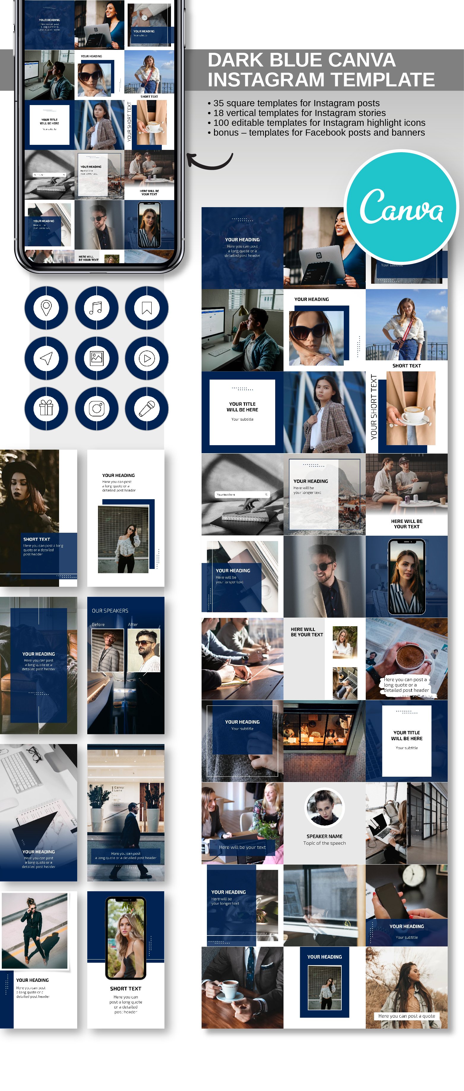 Blue CANVA Template for Instagram highlights icons, stories