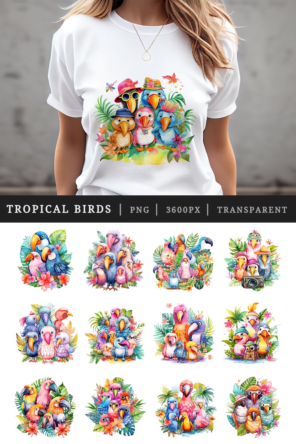 Tropical birds t-shirt sublimation designs, clipart bundle