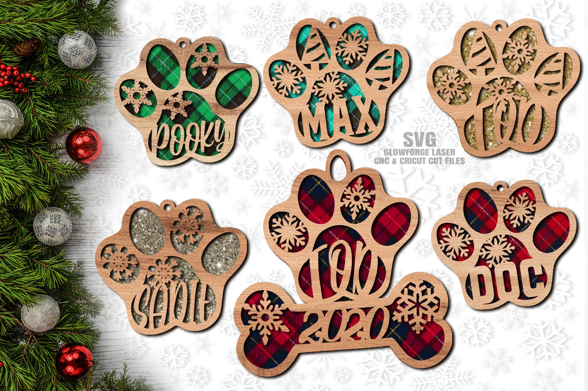 Paw Print Ornament SVG Bundle Christmas SVG Laser Files