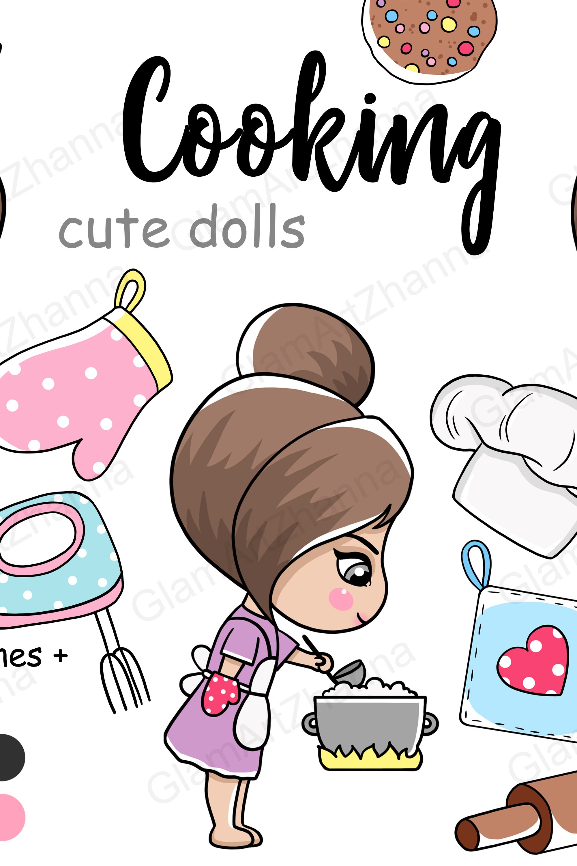 Cooking CUTE DOLLS Love Baking Girl Planner Stickers - PNG