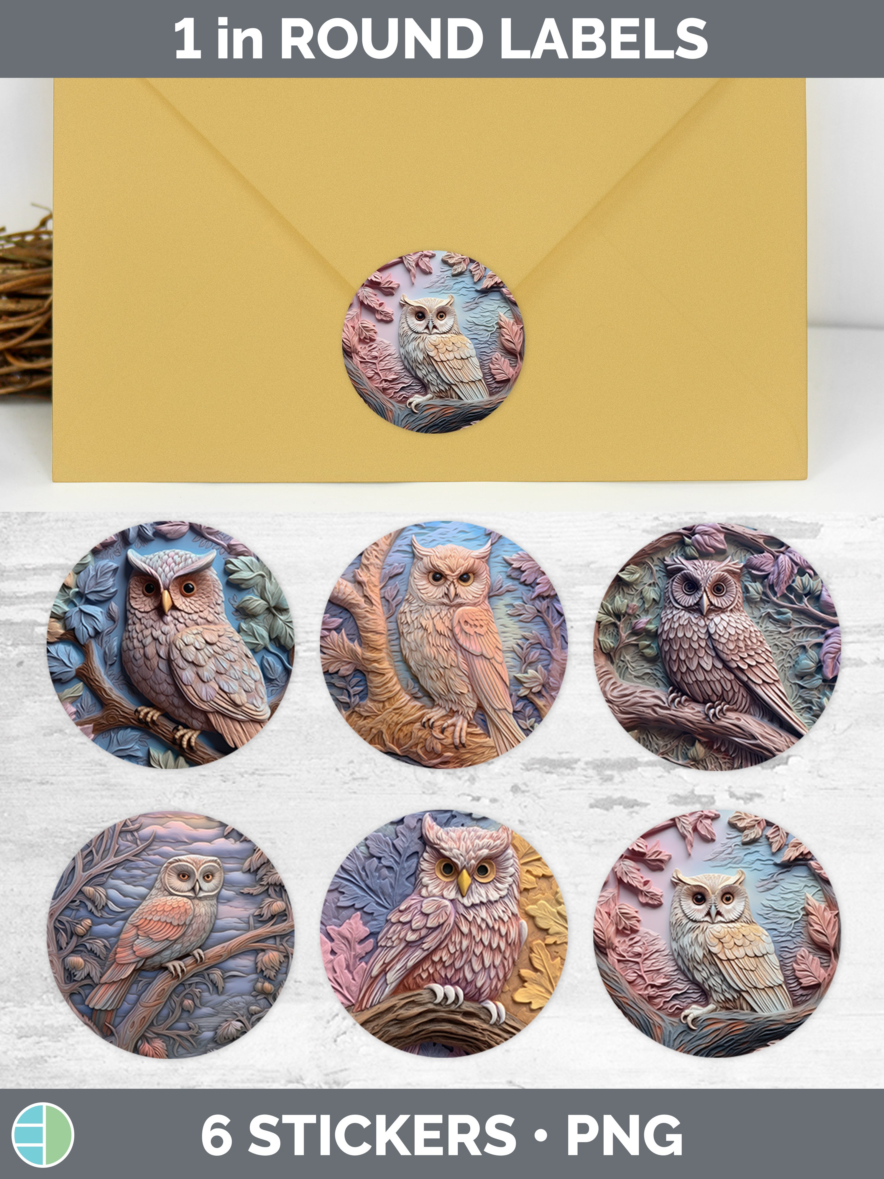 3D Owl Bird Stickers | Round Labels Designs Bundle