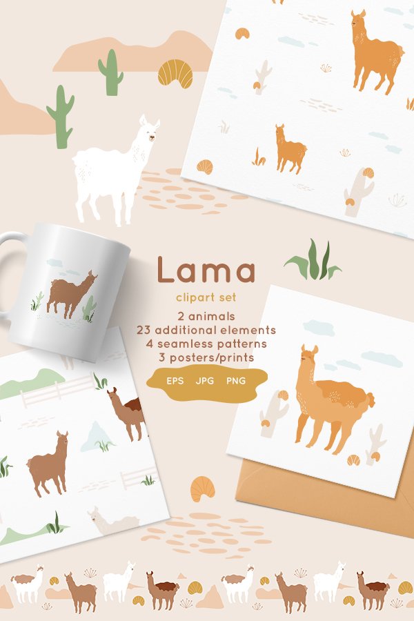 Lama clipart. Abstract desert landscape and digital paper.