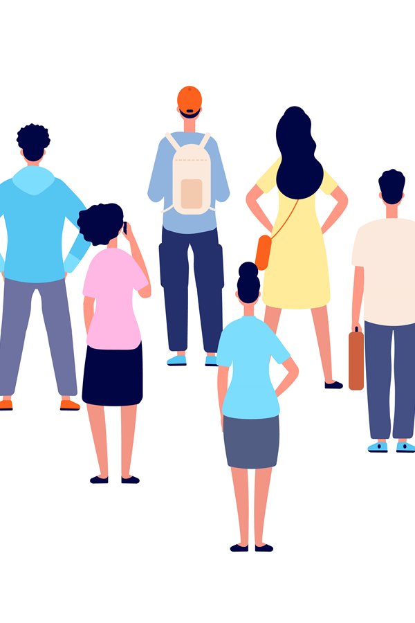 Crowd back view. Cartoon persons, people group standing back