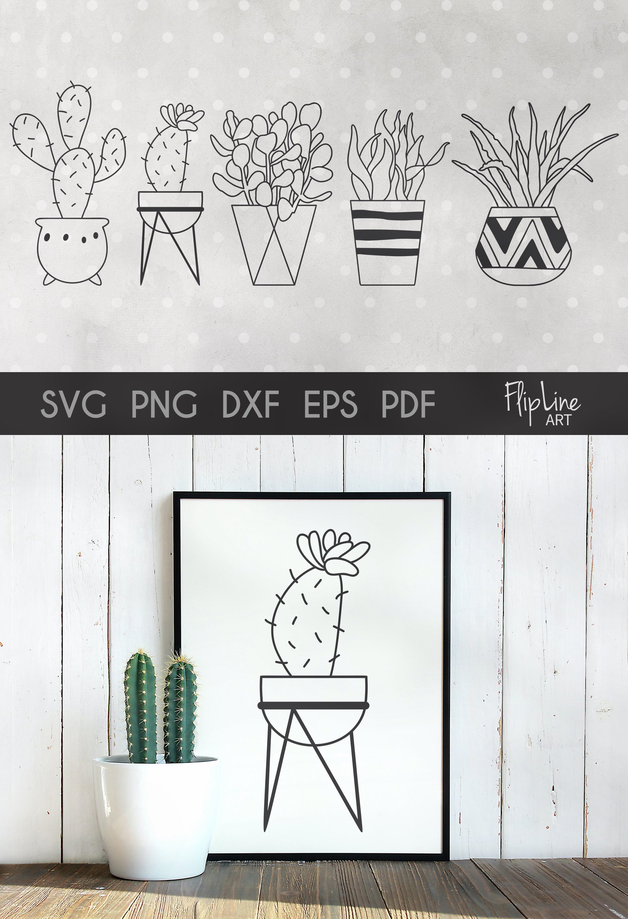 Boho Cactus SVG & PNG clipart bundle, Home Plant, Succulent