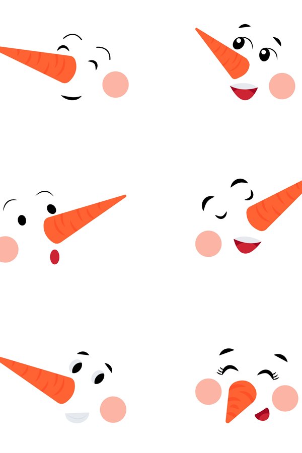 Snowman face. Snowmen smiling faces, winter holiday carrot n