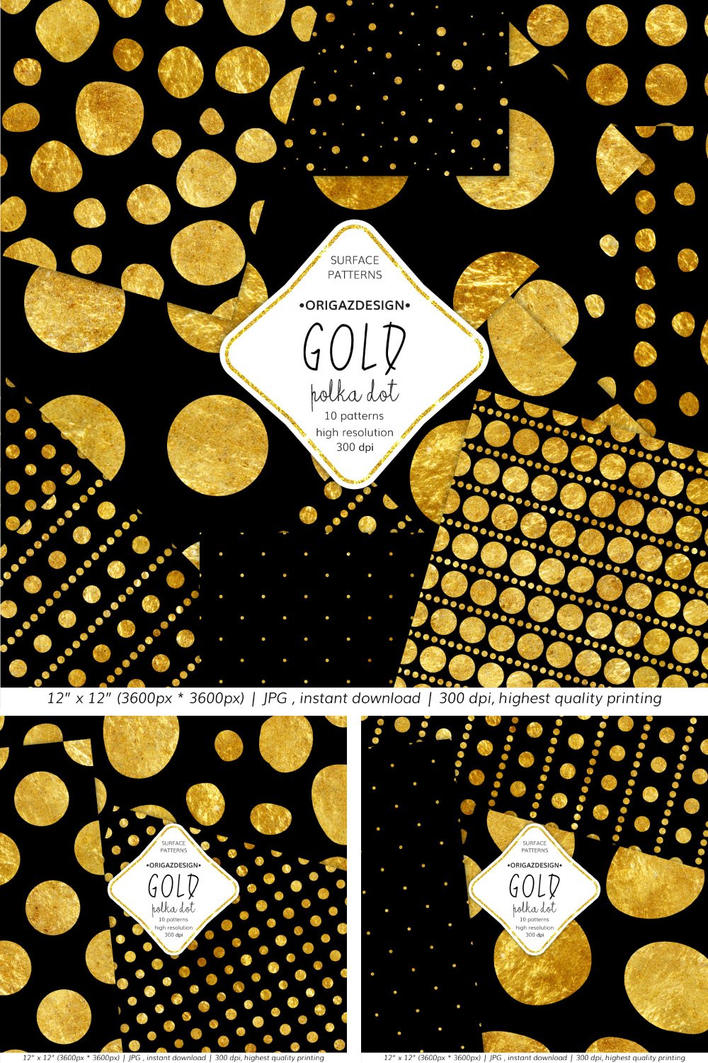 Gold foil and Black Polka dot Seamless Pattern Paper pack