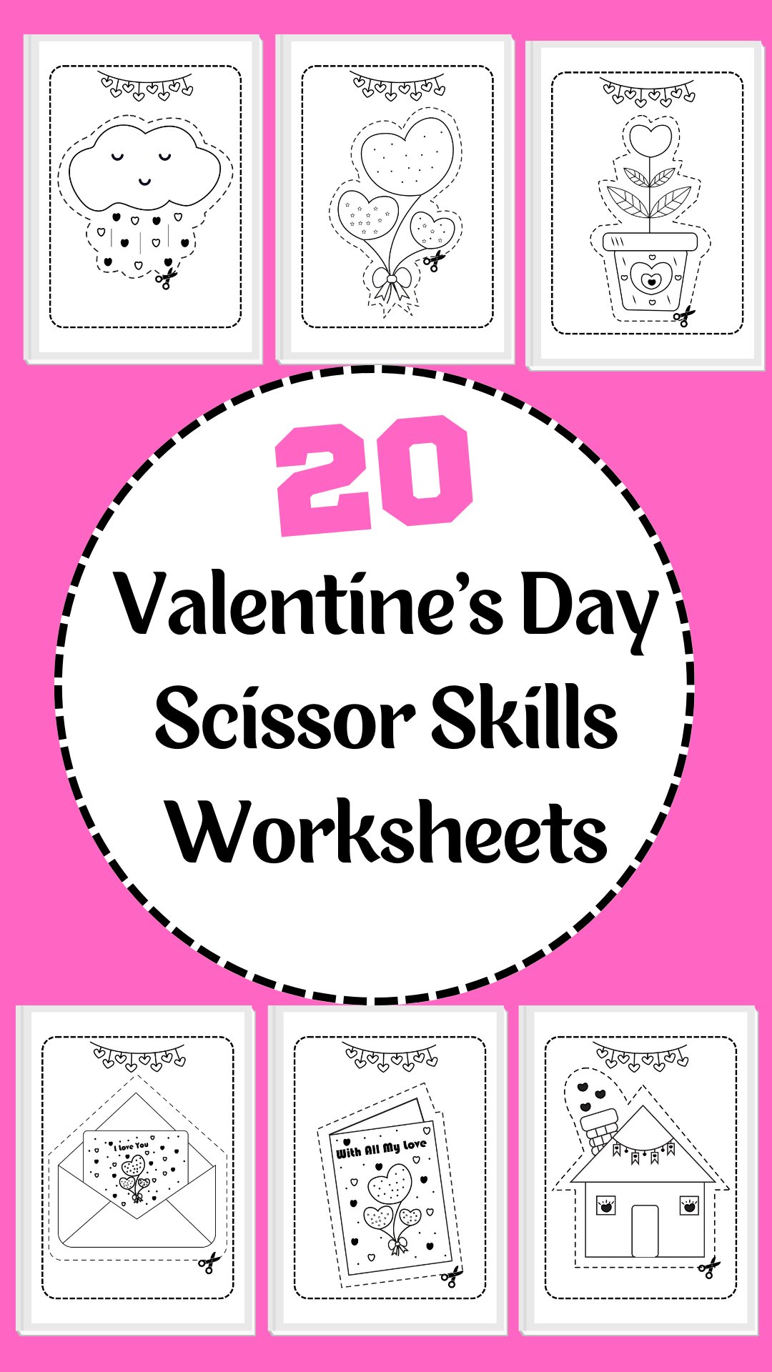 Valentine Scissors Skills & Coloring Worksheets
