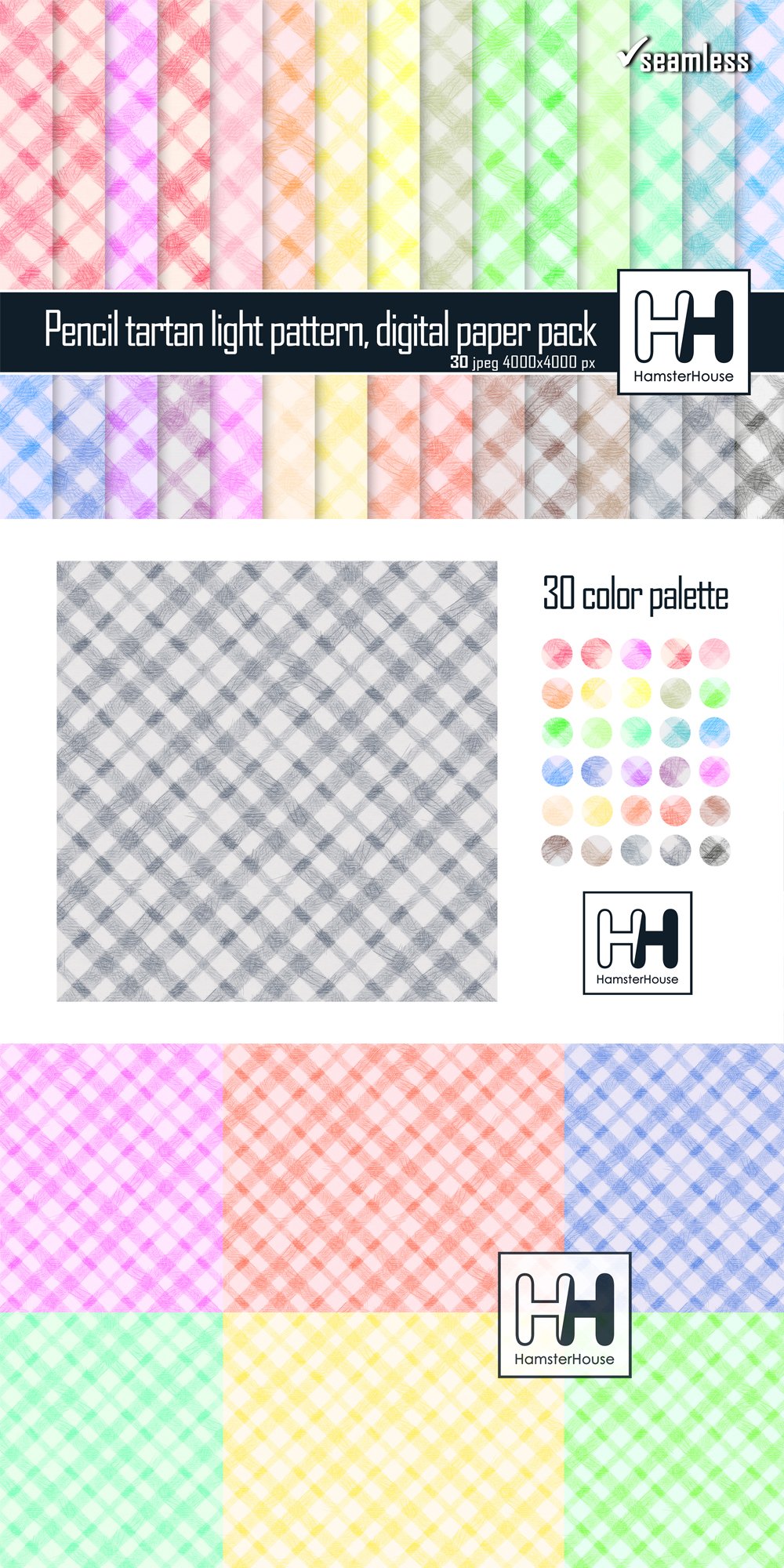 Pencil tartan light pattern, digital paper pack, 30 colors