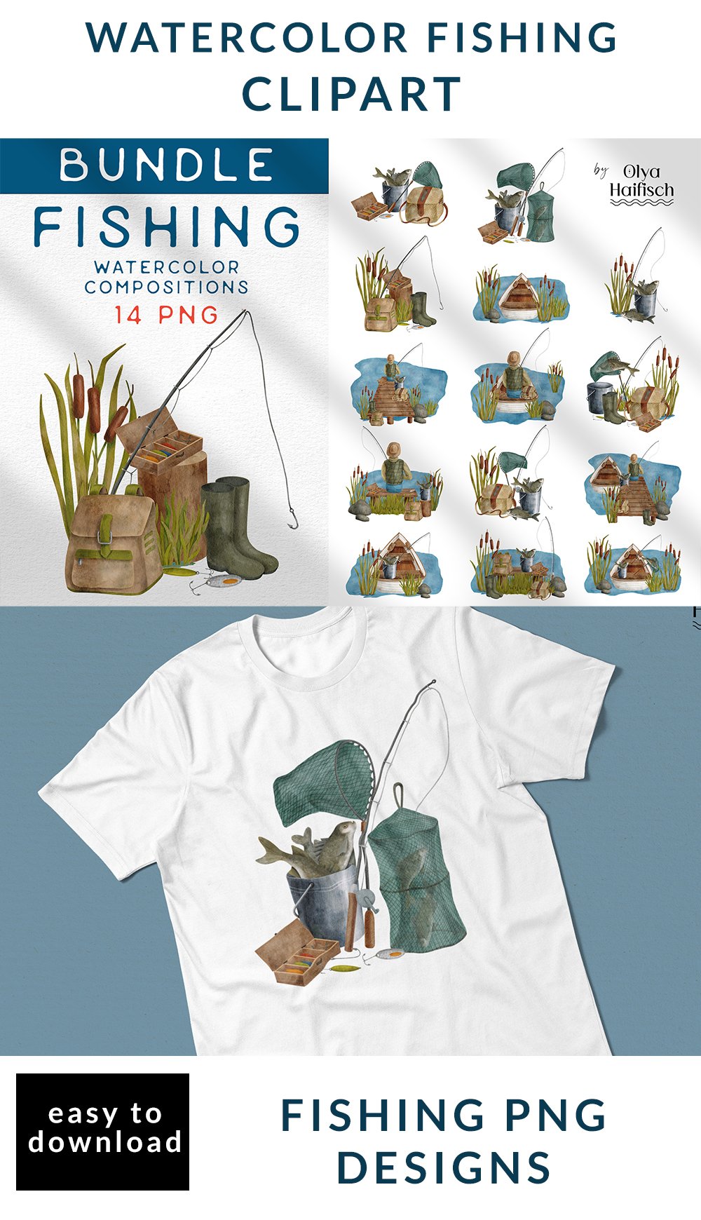 Fishing Watercolor Clipart. Fisherman on Lake PNG