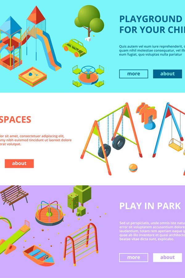 Horizontal banners set with isometric illustrations of kids