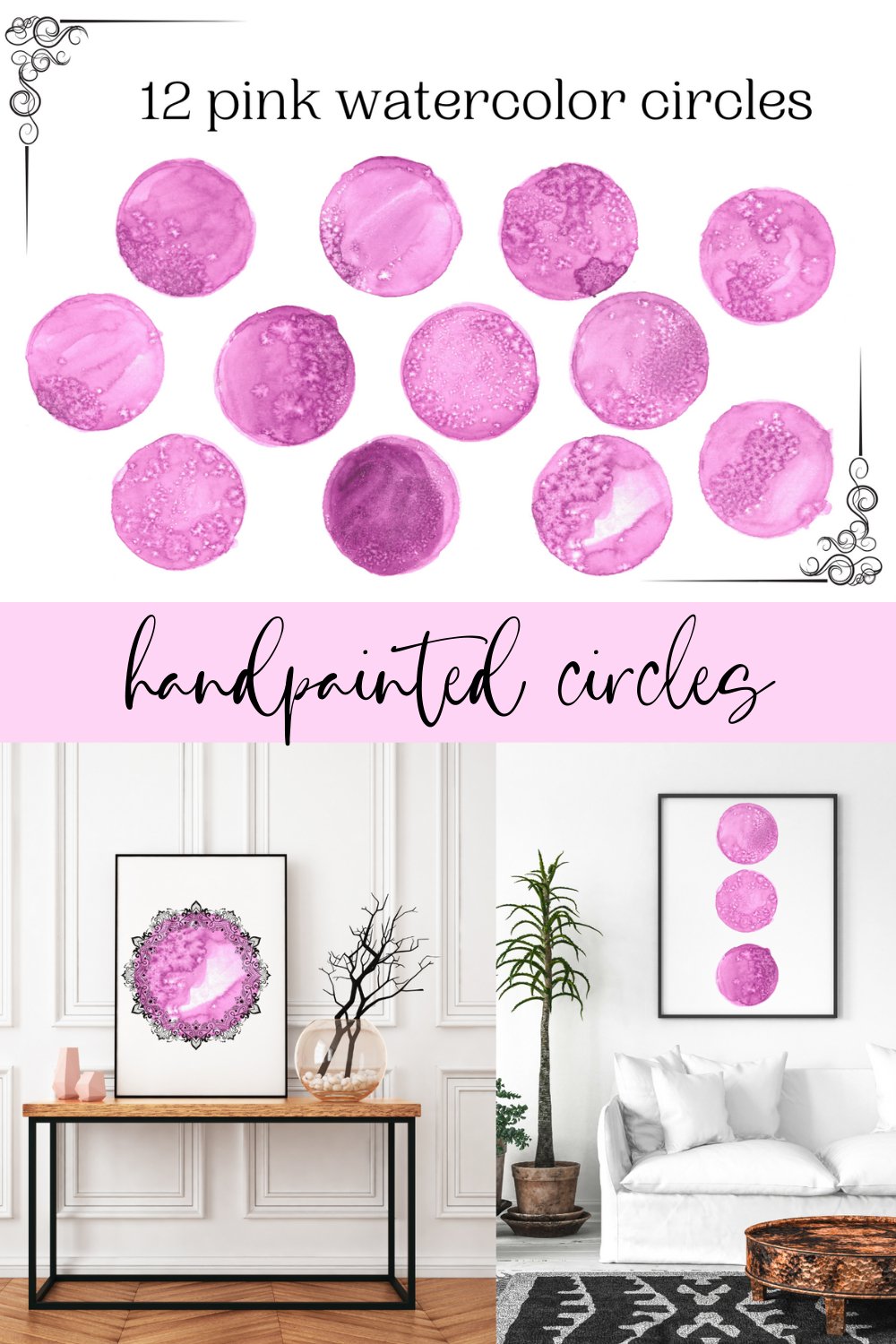 12 Pink watercolor circles, Watercolor design (2509210)