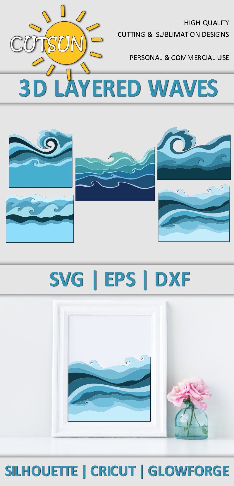 3D Layered Waves SVG bundle | Glowforge SVG