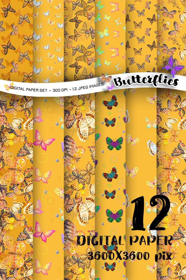 12 yellow digital paper with watercolor butterflies.