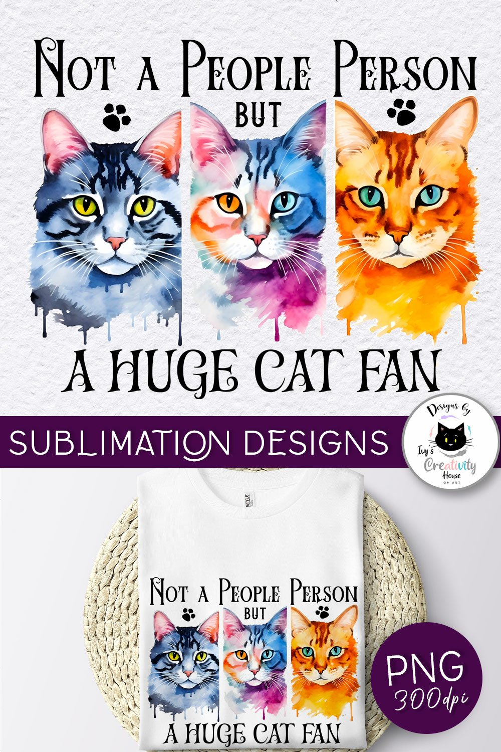 Watercolor Cat Sublimation Design | Cat PNG Design