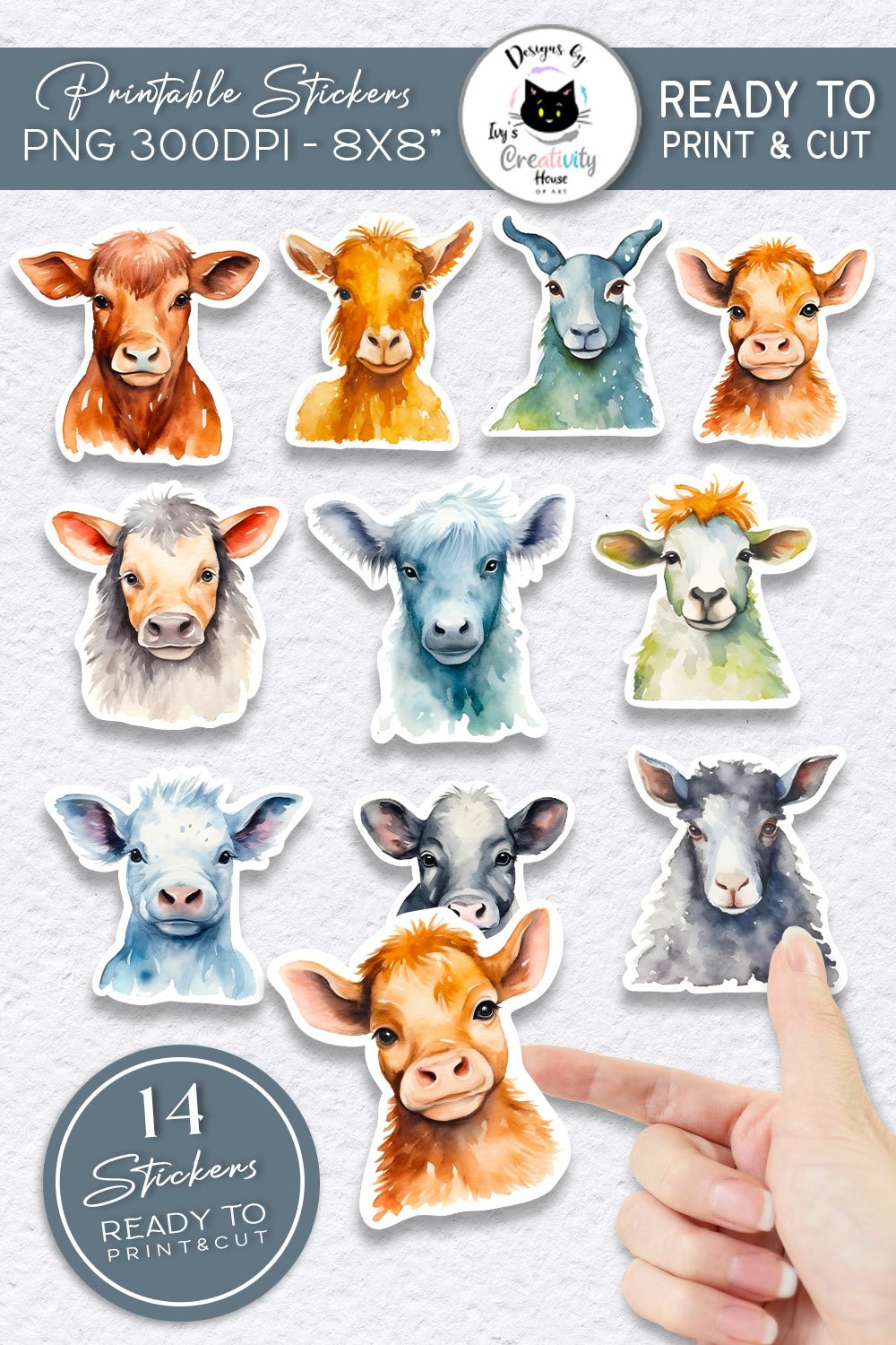 Watercolor Farm Animal Sticker Bundle | 14 Animal Stickers