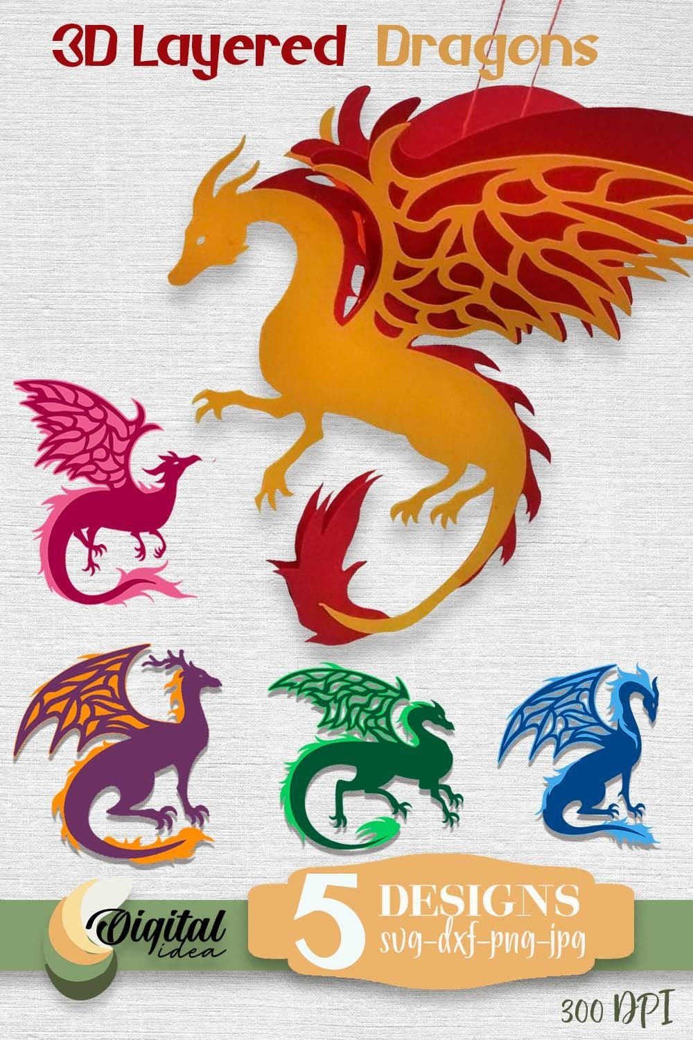 Dragons bundle svg | 3D Dragons Paper Cut Template | 3D wing