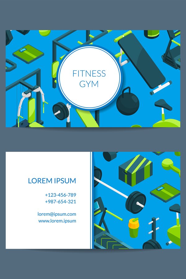 Fitness and sports club cards. Vector isometric gym card ill