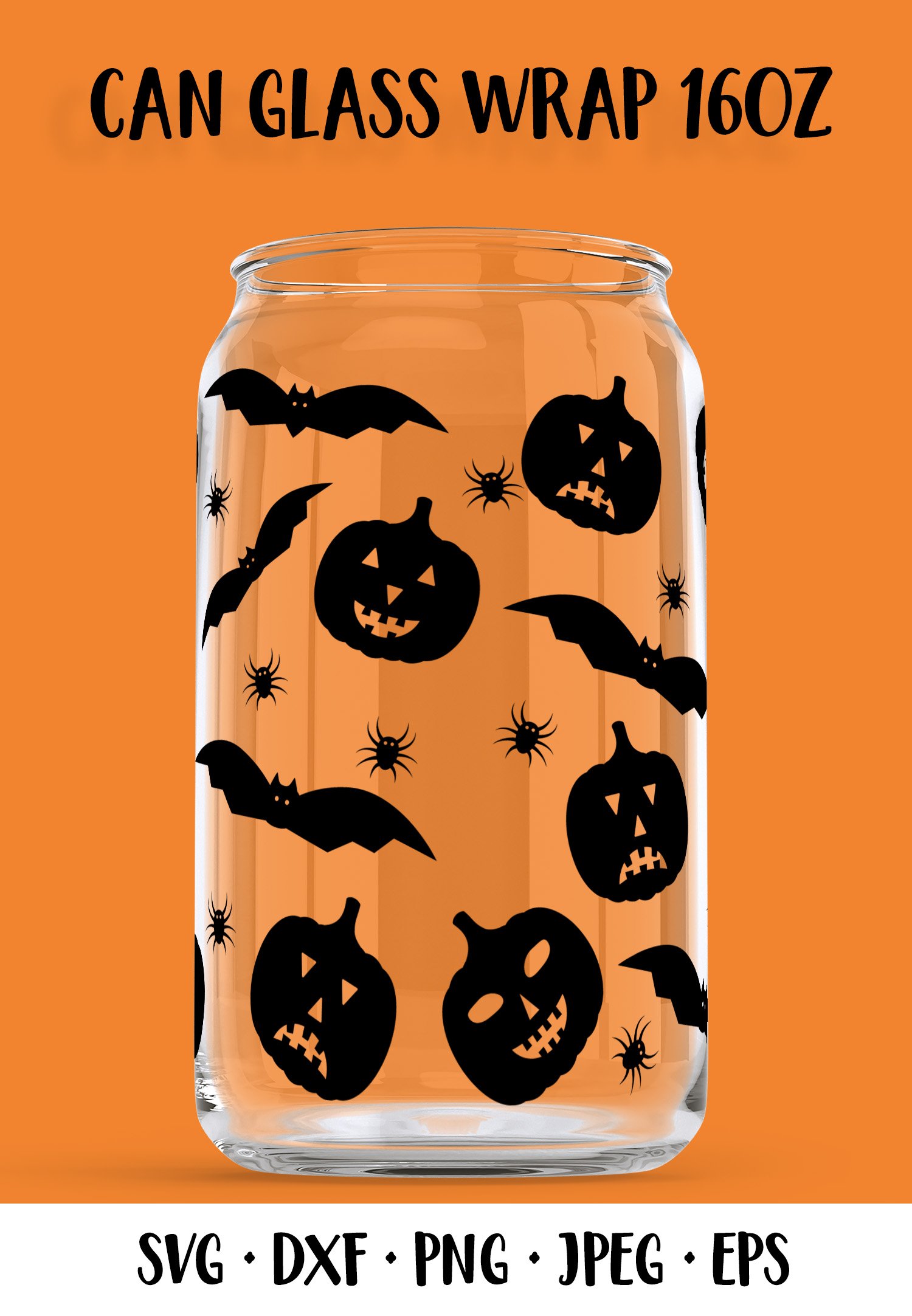 Halloween Can Glass Wrap SVG. Pumpkin and Bats Glass Can