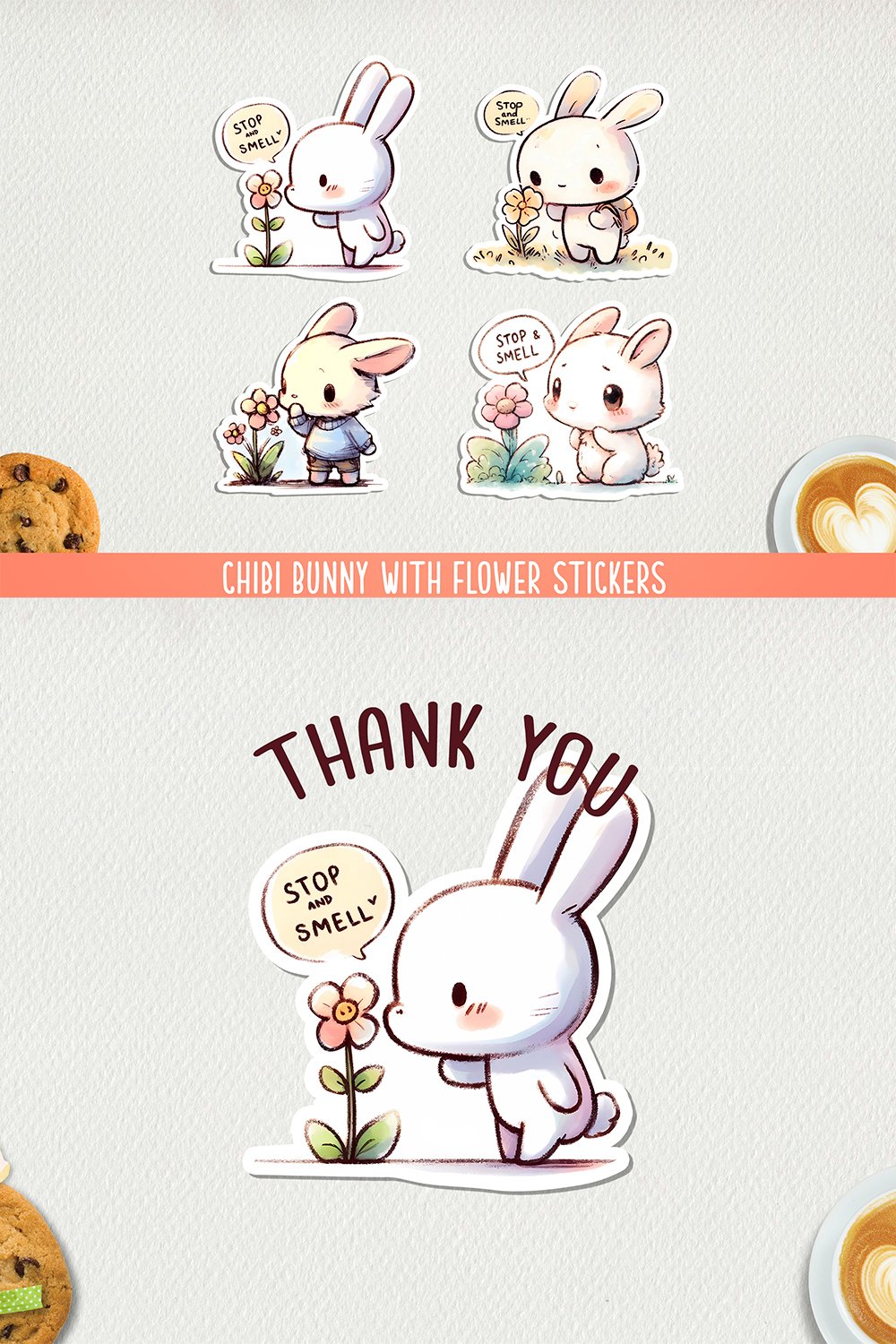 Chibi bunny with flower stickers, JPG, PNG.