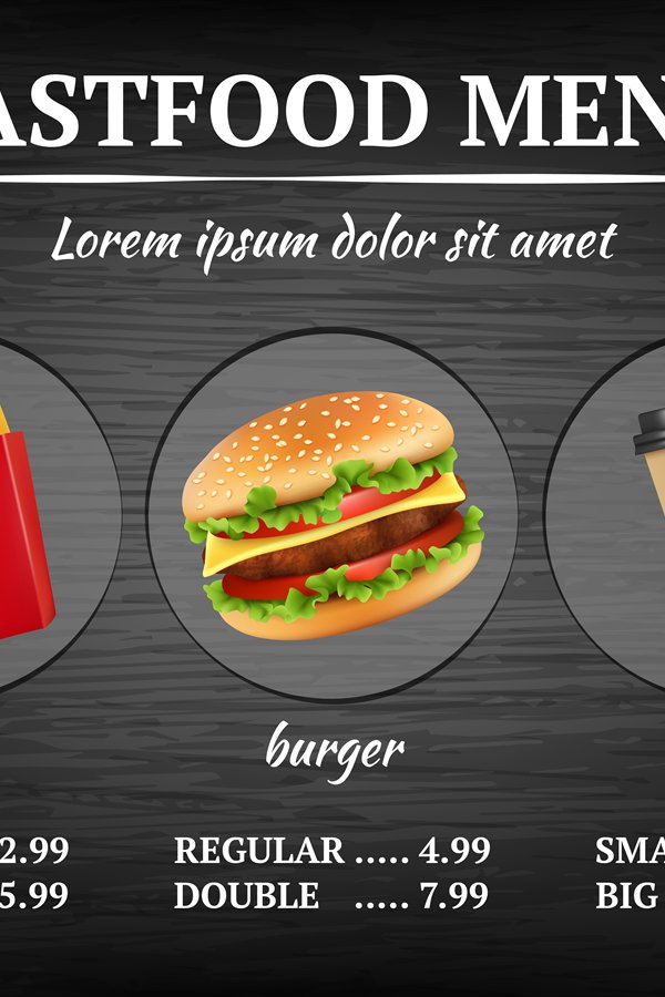 Fast food menu. Burger fries delicious restaurant collection