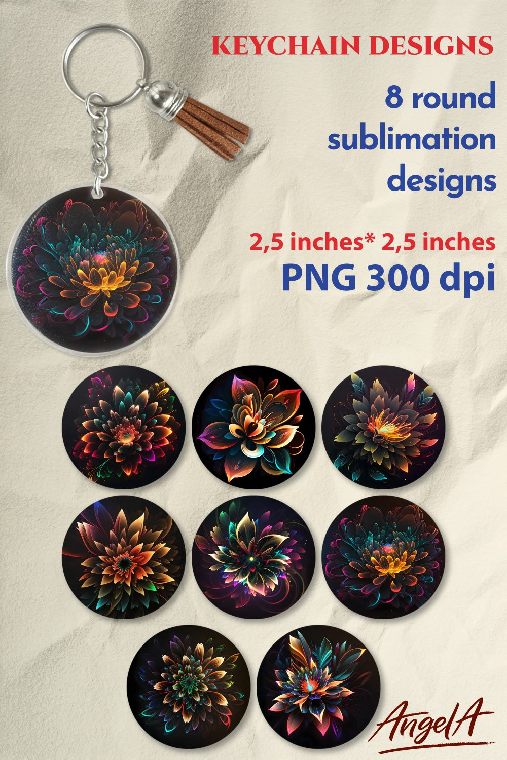 Neon Flower keychain sublimation designs / round keychain