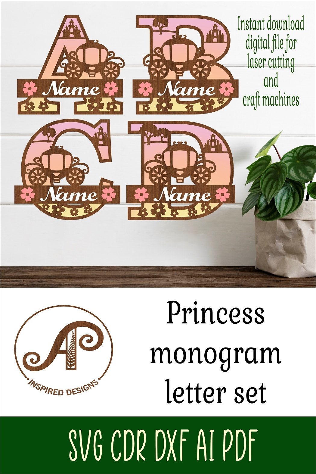 Princess monogram letter bundle Name signs SVG 3 layer