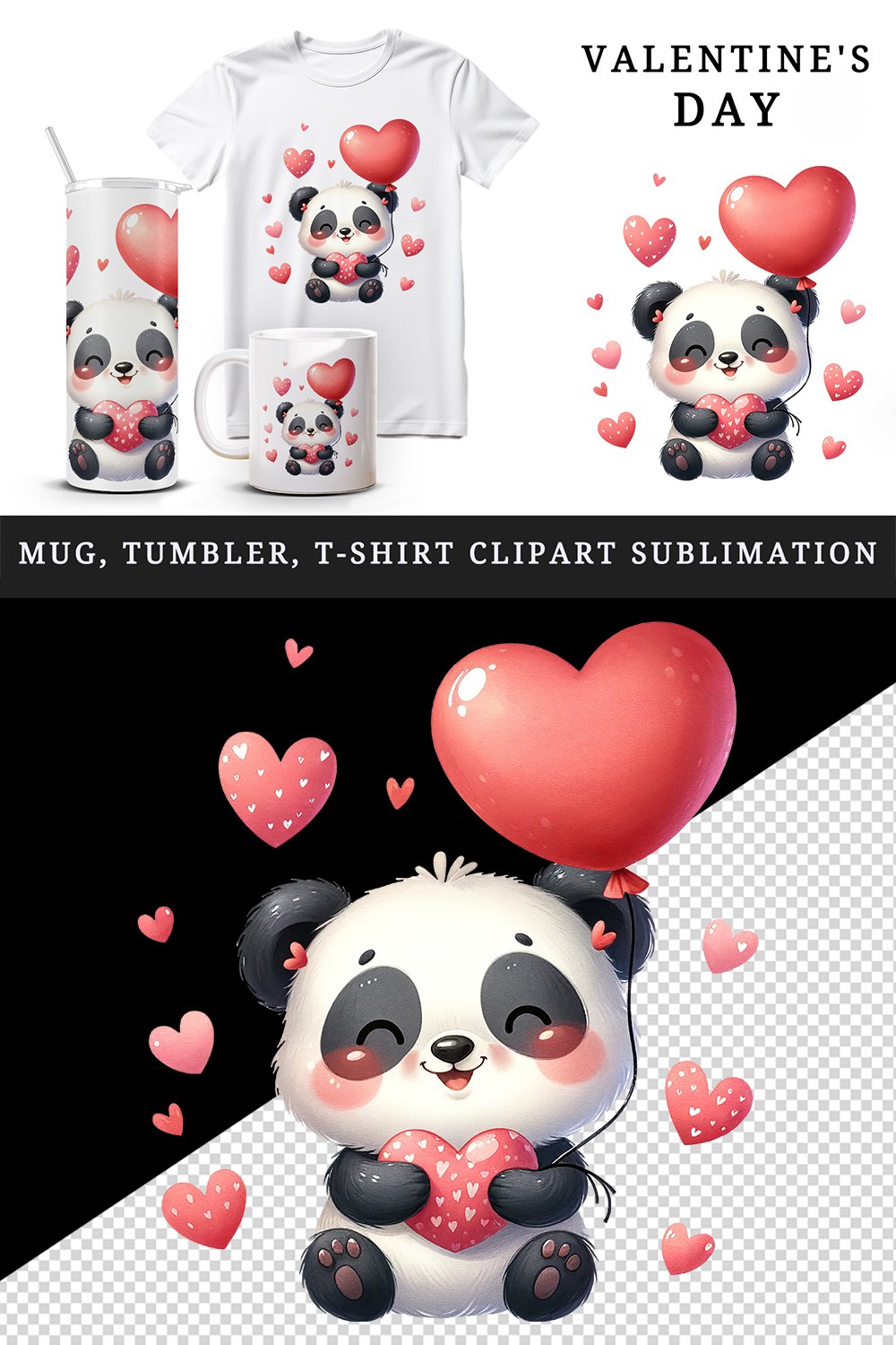 Valentine's Day panda tumbler mug wrap clipart sublimation