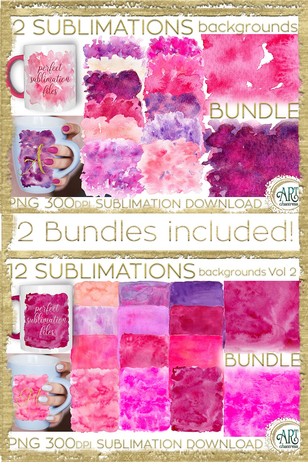 Sublimation BUNDLE Watercolor Pink Purple Vol 1 & Vol 2 PNG