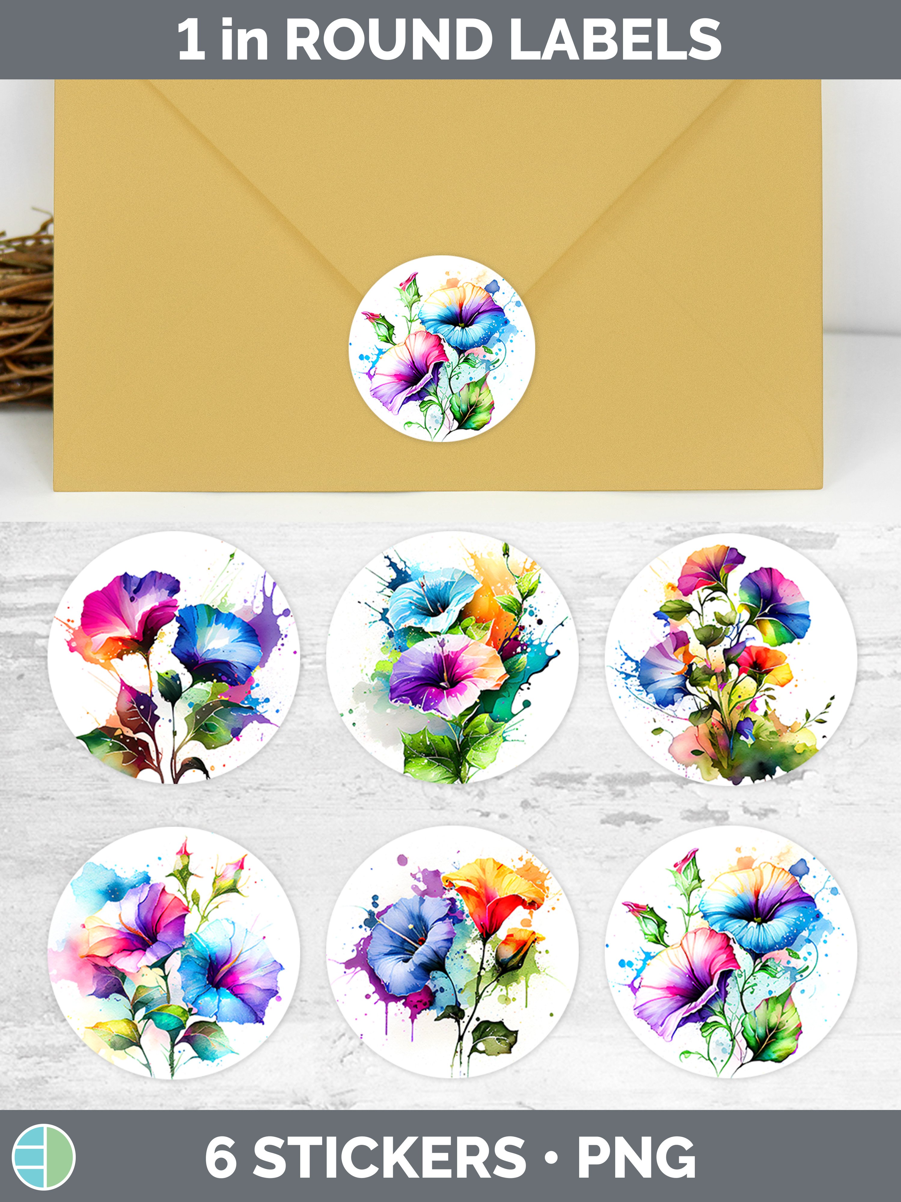 Rainbow Morning Glory Flowers Stickers | Round Labels Design