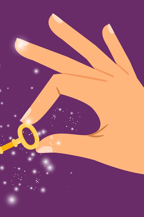 Golden sparkling key in hand