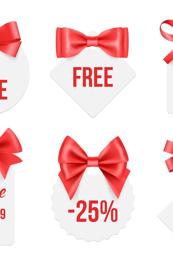 Tags with ribbons. Promo badges with red and golden satin si