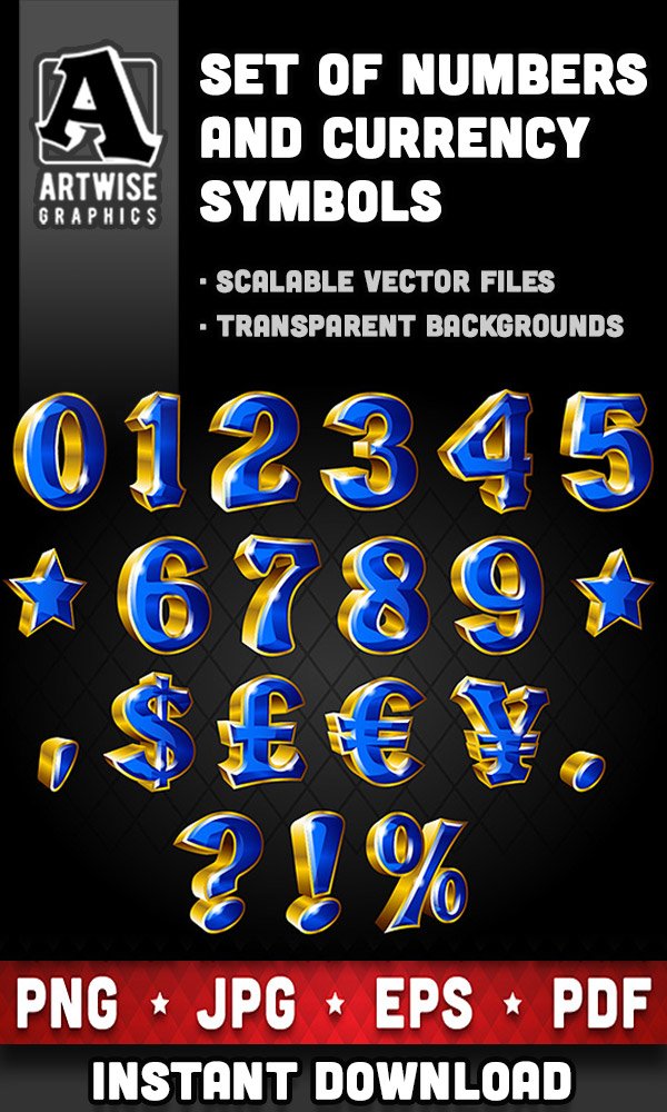 Vector 3D Style Gold Numbers and Currency Symbols and Signs